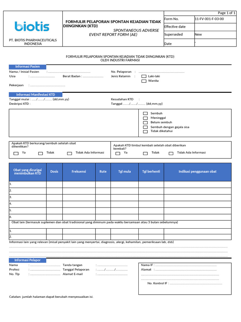 11-FV-001-F-03-00 Formulir Pelaporan Spontan Kejadian Tidak Diinginkan ...
