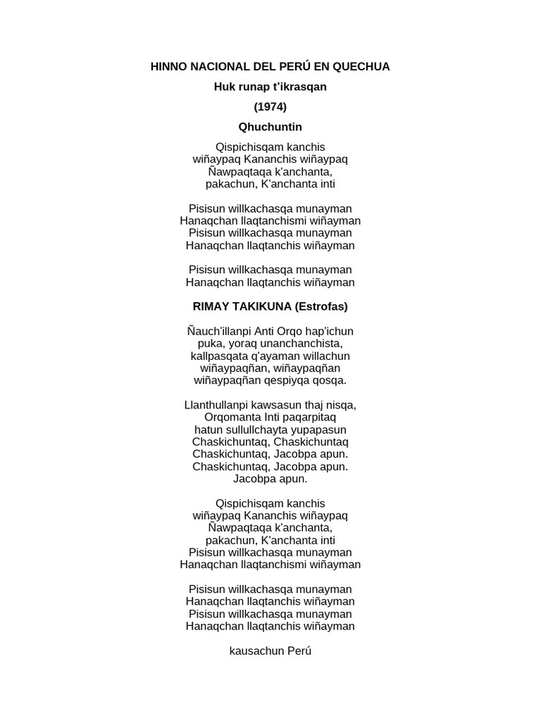 Hinno Nacional Del Perú en Quechua | PDF