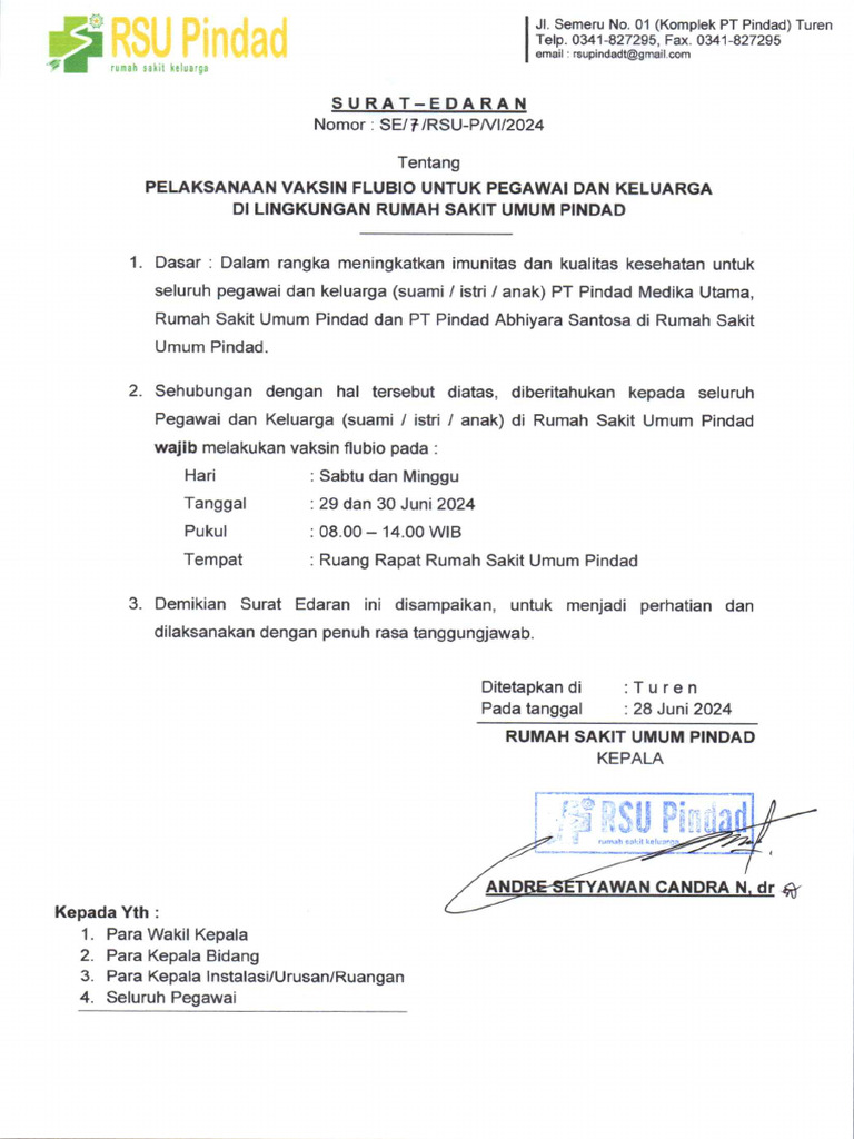 SE TENTANG PELAKSANAAN VAKSIN FLUBIO UNTUK PEGAWAI DAN KELUARGA | PDF