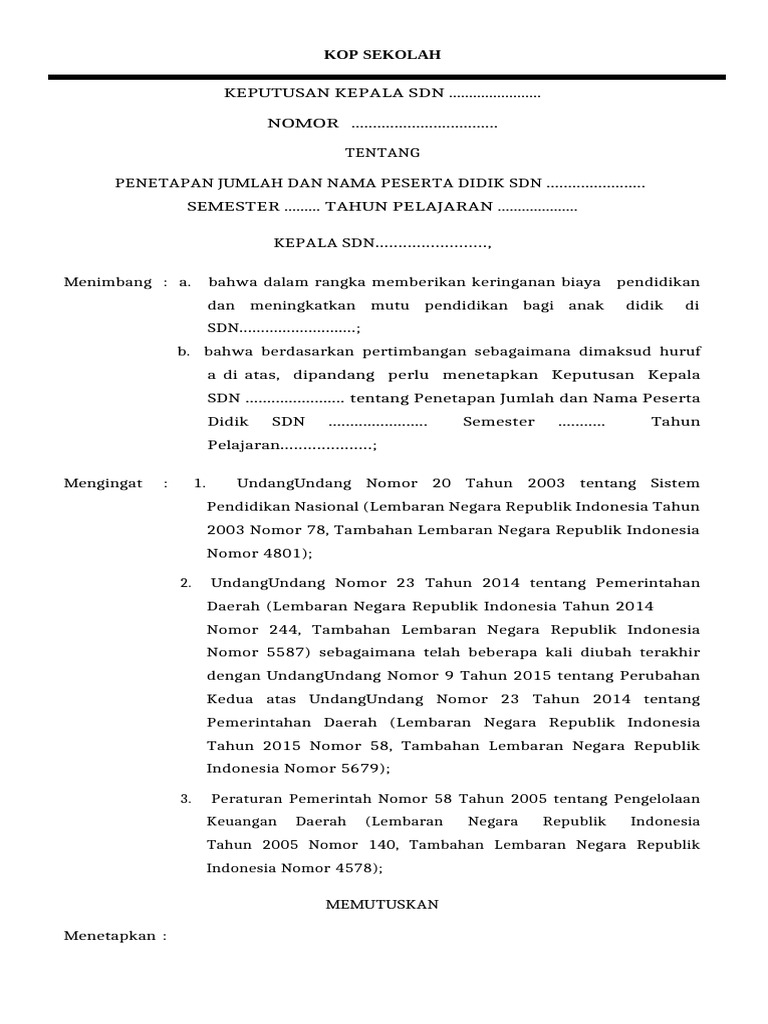 Format SK Penetapan Siswa SDN | PDF