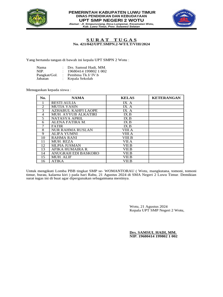 Surat Tugas Siswa Mengikuti Lomba | PDF