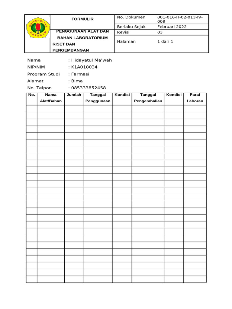 Form Penggunaan Alat Dan Bahan Fix | PDF
