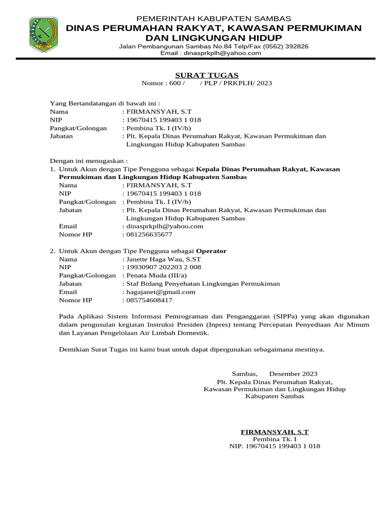 Surat Tugas Sippa Dinas Perlim LH | PDF