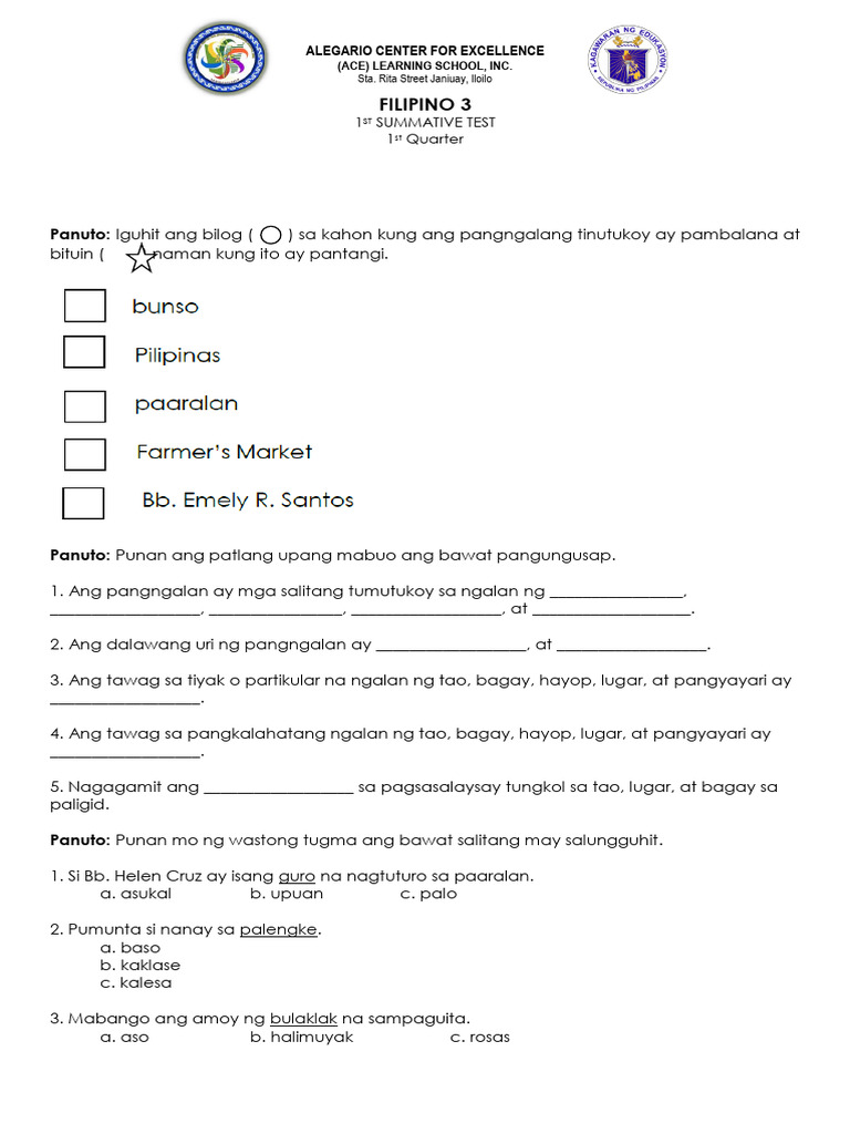 Filipino 1st Summative Exam | PDF | Languages Of Southeast Asia