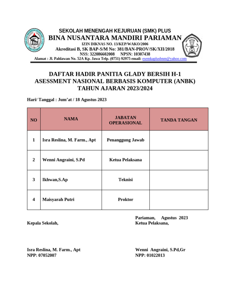 Daftar Hadir Anbk Panitia Proktor | PDF