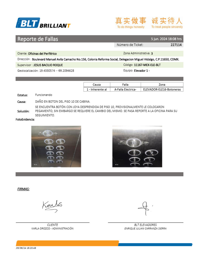 Reporte de Falla 227114 - Oficinas Del Periférico - Elevador 1 | PDF