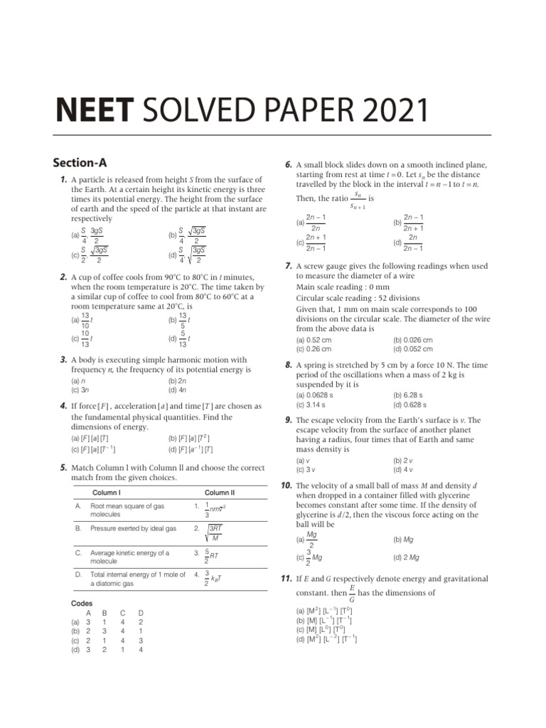 NEET Solved Paper 2021 Physics Vol. 1 | PDF NEET Solved Paper 2021 Physics Vol. 1 | PDF
