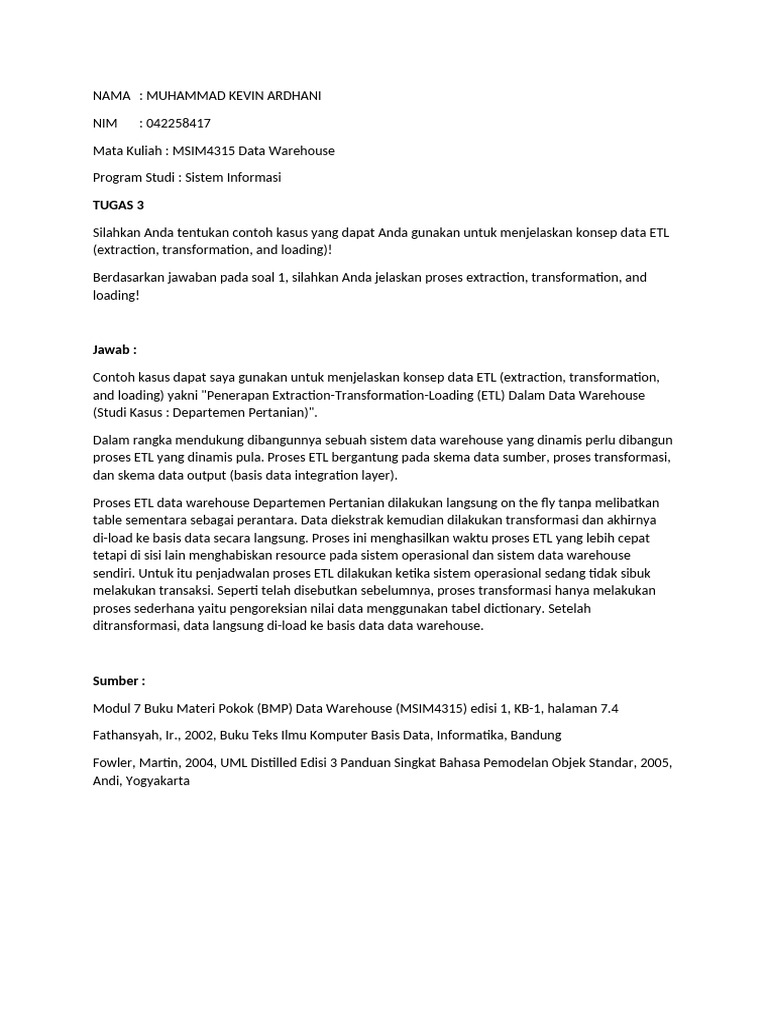 TUGAS 3 MSIM4315 Data Warehouse | PDF
