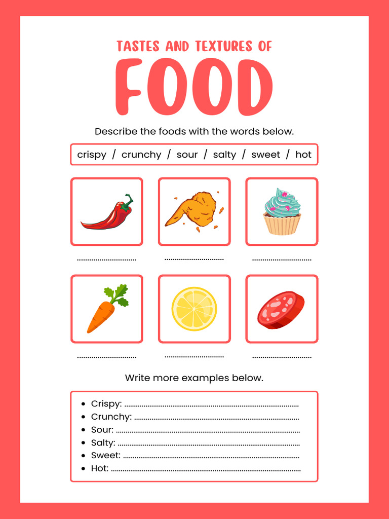 Food Tastes and Textures Vocabulary Worksheet | PDF