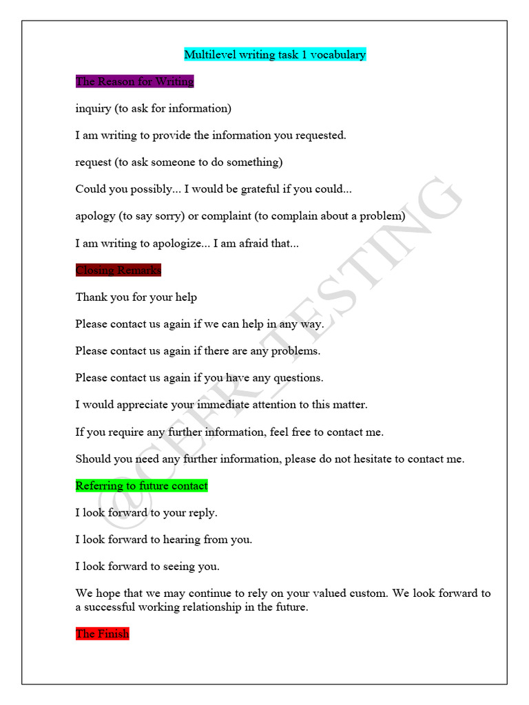 Multilevel Writing Task 1 Vocabulary | PDF