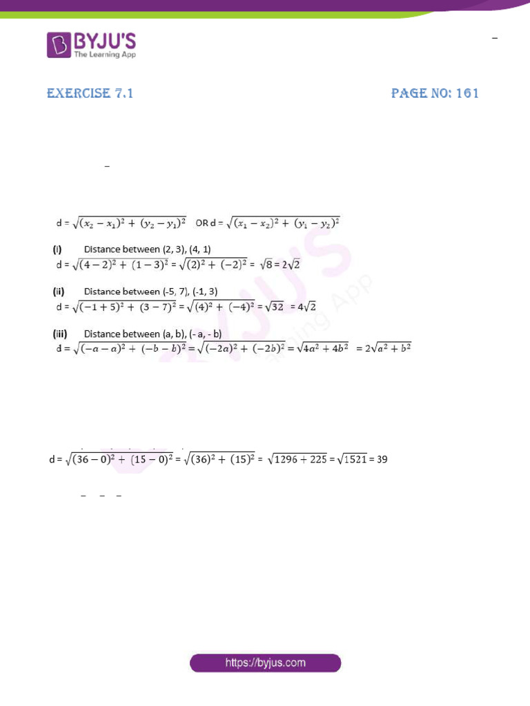 NCERT Solutions For Class 10 Maths Chapter 7 - Coordinate Geometry Exercise 7.1 | PDF