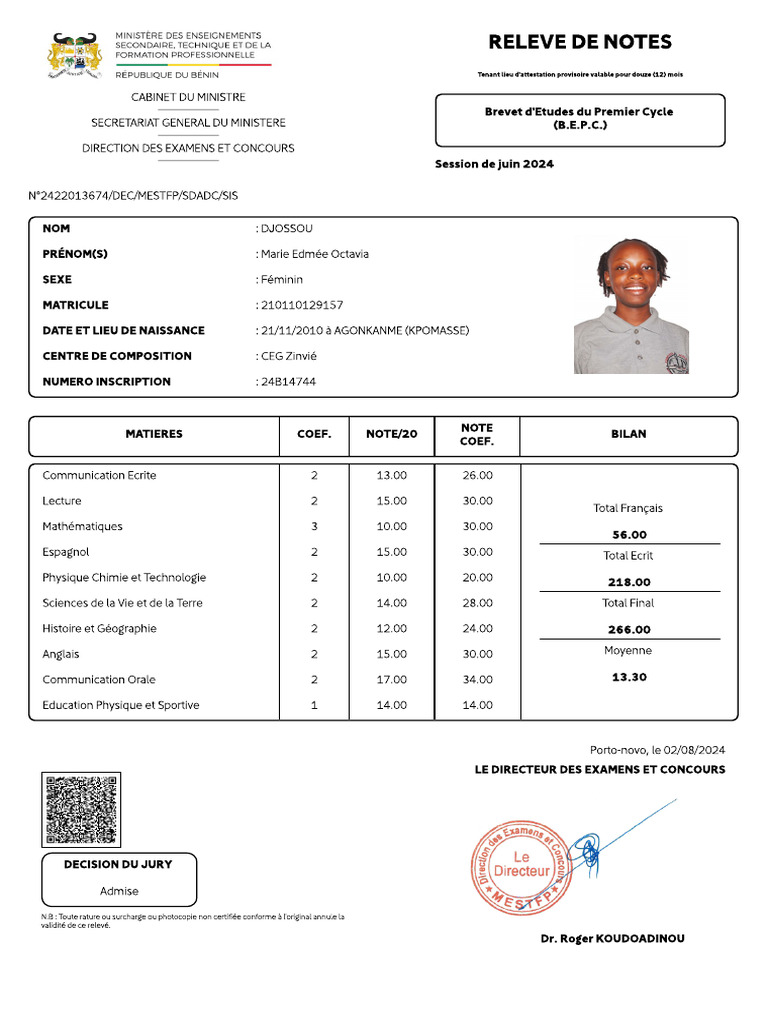 Releve de Notes 17230295692463475 | PDF