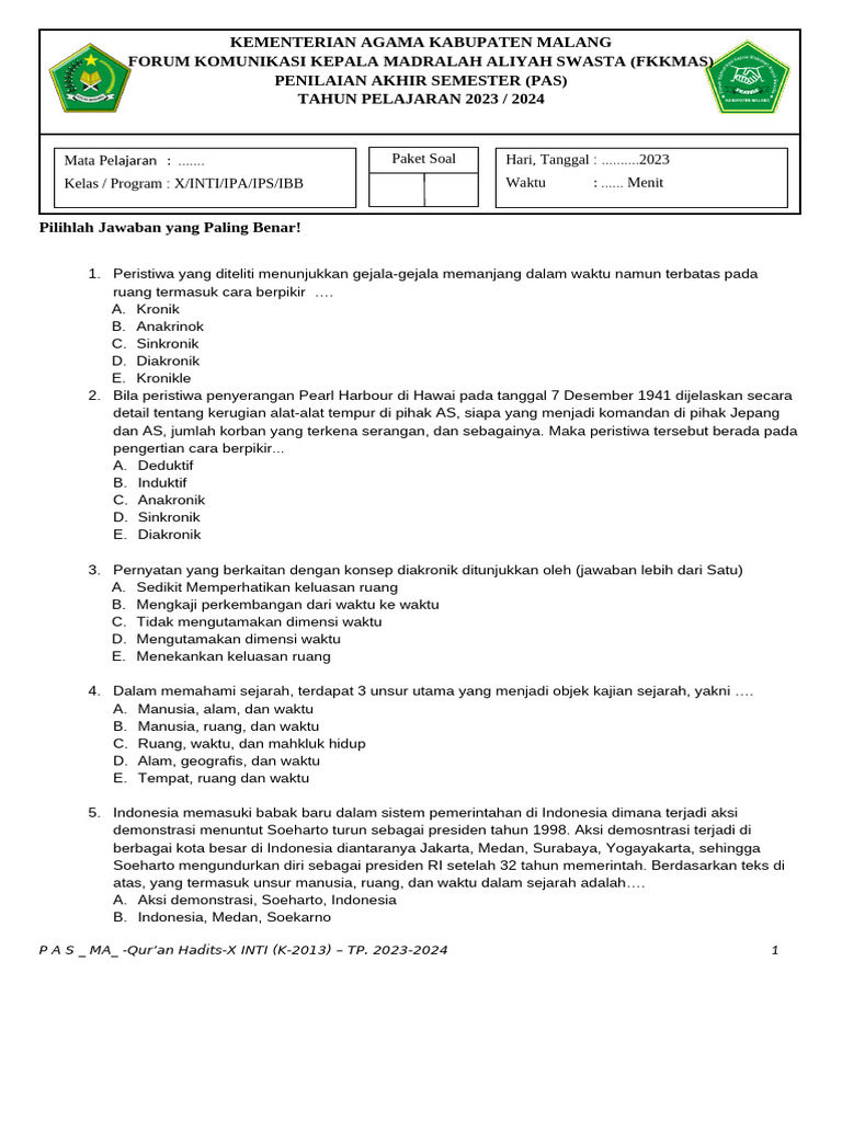 TEMPLATE SOAL PAS 23-24 Majkbkster | PDF