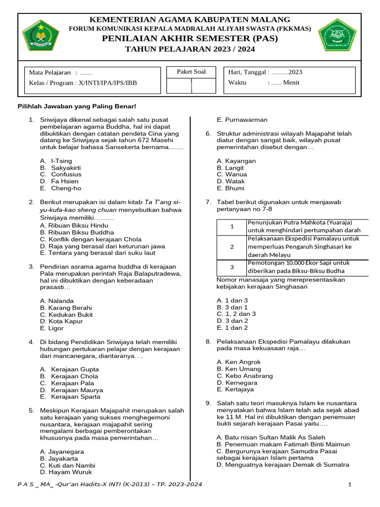 TEMPLATE SOAL PAS 23-24 Master | PDF