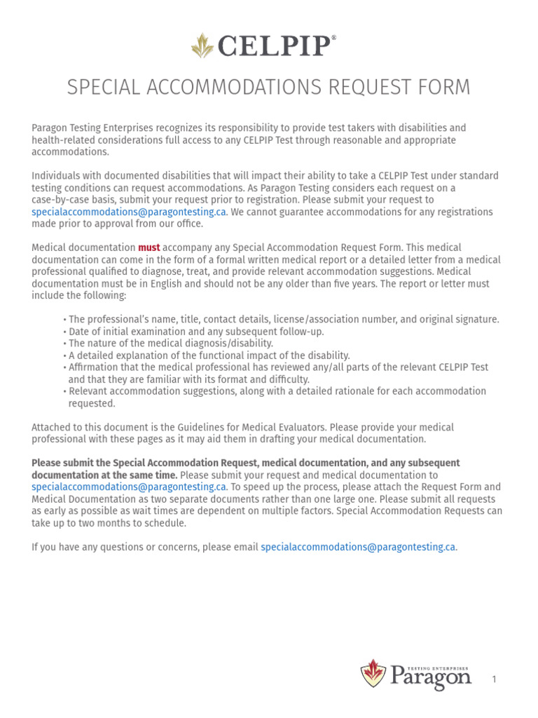 CELPIP Special Accommodations Request Form | PDF