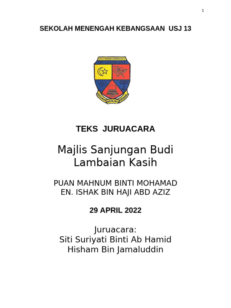 Teks Juruacara Majlis Sanjungan Budi, Lambaian Kasih | PDF