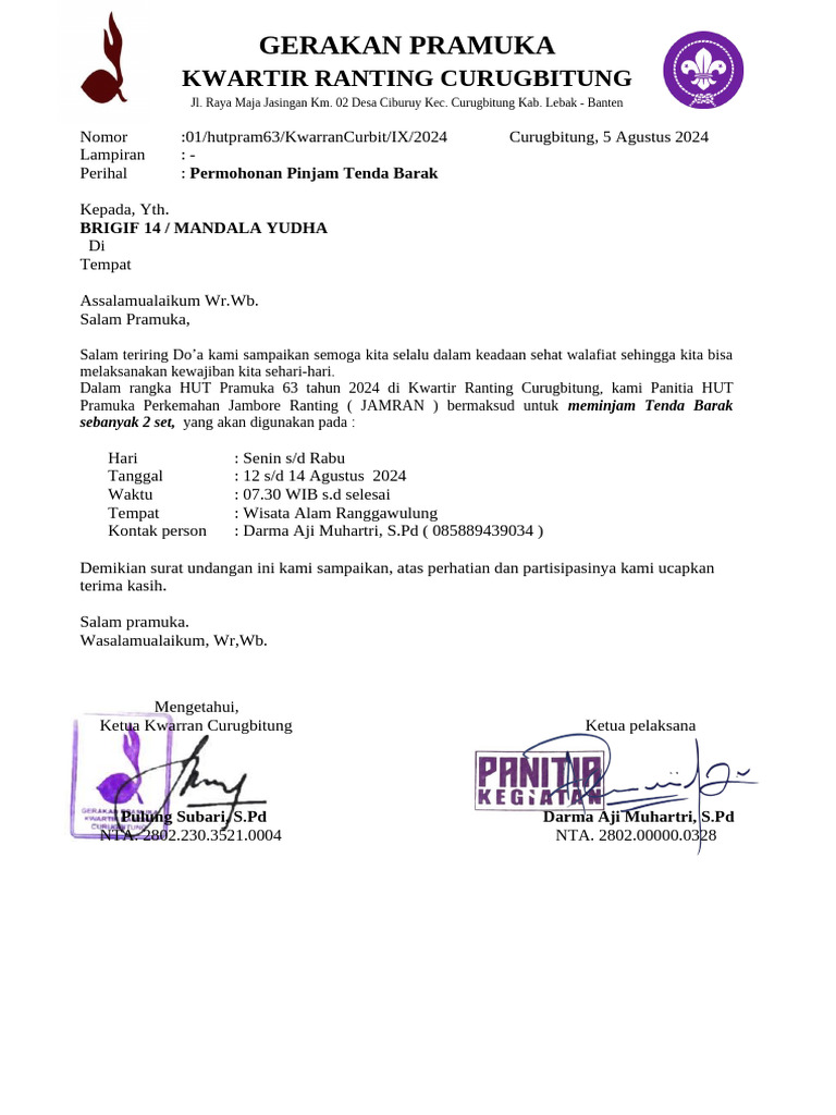 Surat Pinjam Tenda Ke Brigif 14 - Mandala Yudha. | PDF