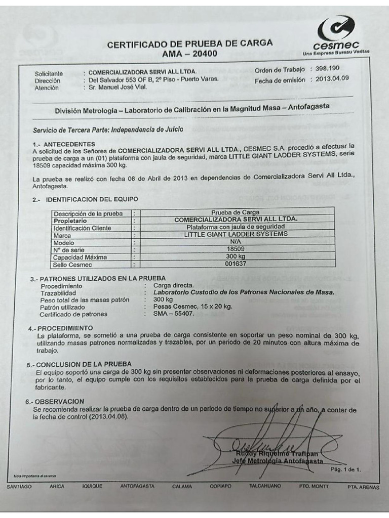 Certificación y Instructivo Escalera Cage | PDF