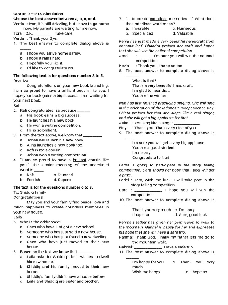 Grade 9 - PTS Simulation | PDF