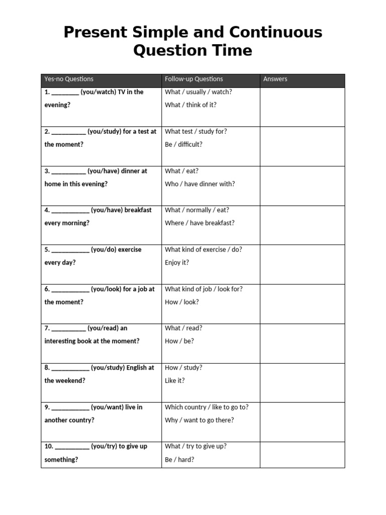 Present Simple and Continuous Question Time 2 | PDF Present Simple and Continuous Question Time 2 | PDF