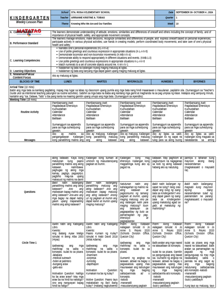 Week 10 DLL Matatag | PDF | Cognition | Behavior Modification