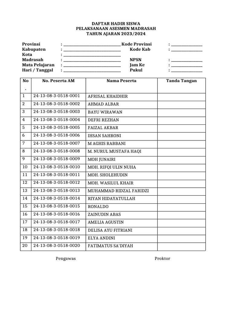 Daftar Hadir Peserta Asesmen Madrasah Tahun 2024 | PDF