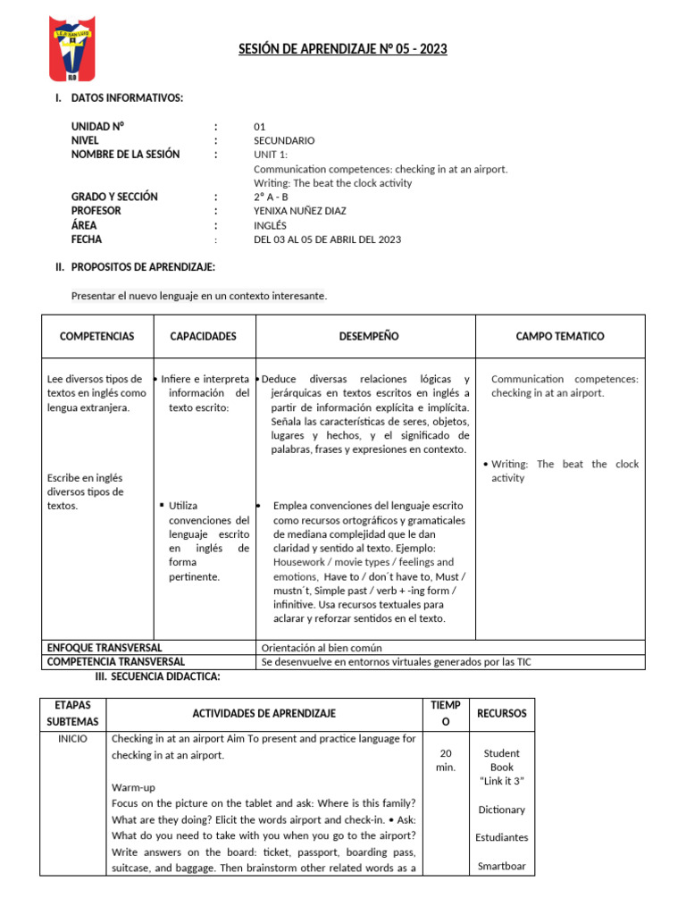 SESION DE APRENDIZAJE 05 SEGUNDO SEC INGLÉS 2023 | PDF