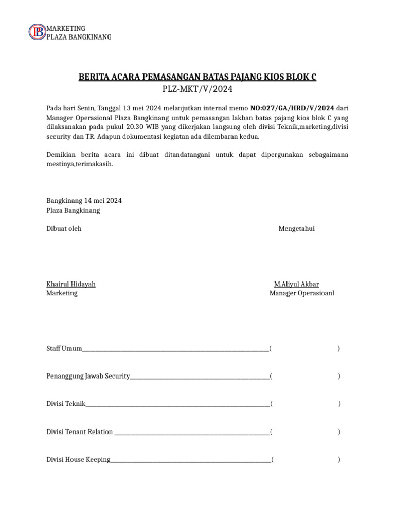 Berita Acara Pemasangan Batas Pajang Kios Blok C | PDF