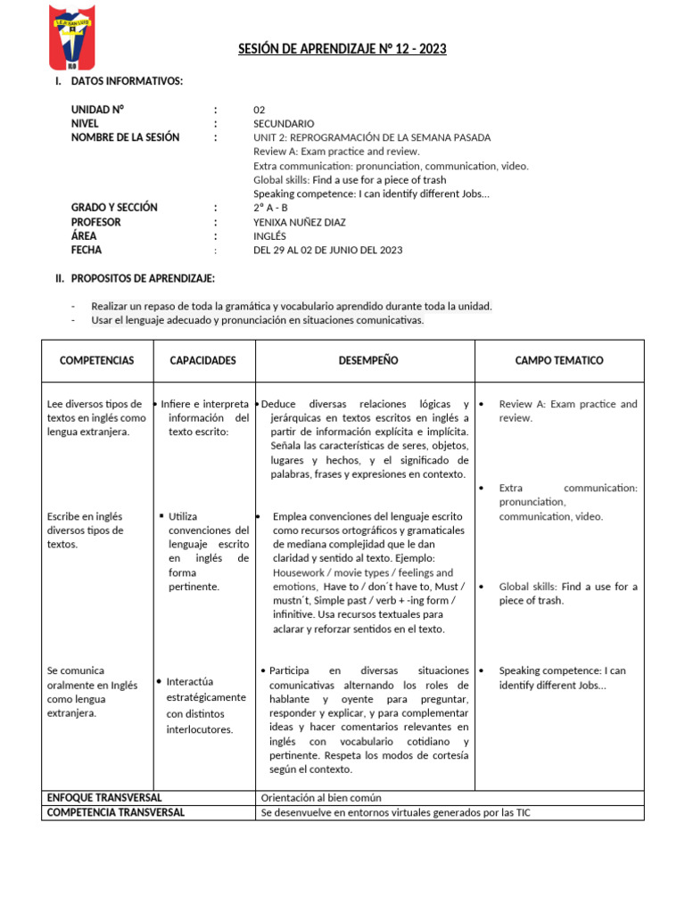 Sesion de Aprendizaje 12 Segundo Sec Inglés 2023 | PDF Sesion de Aprendizaje 12 Segundo Sec Inglés 2023 | PDF