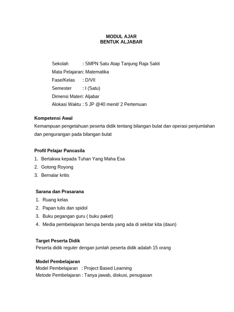 Modul Ajar Bentuk Aljabar Kelas 7 Ikm | PDF