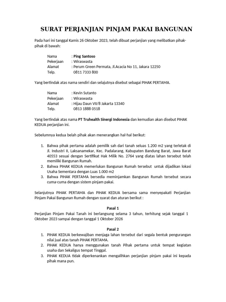 Surat Pinjam Pakai Bangunan | PDF