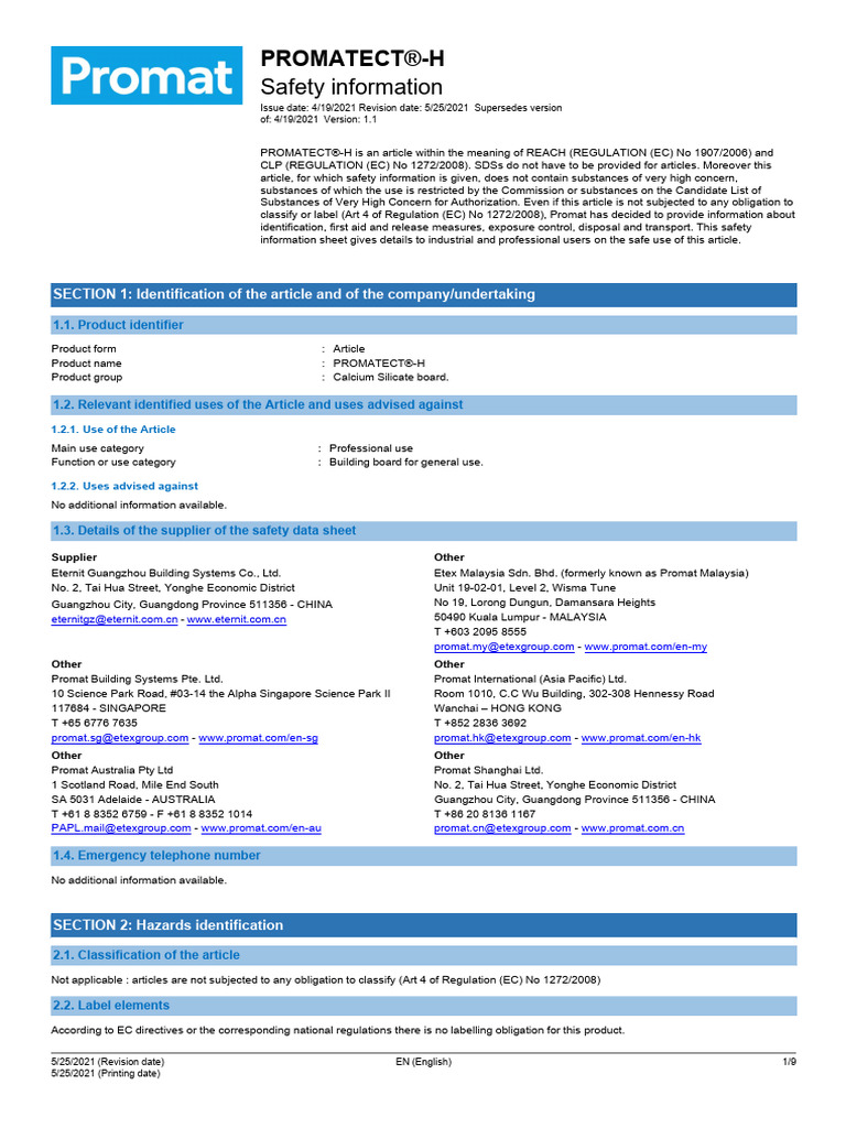 Promat Sds Promatect H en 2021 05 | PDF
