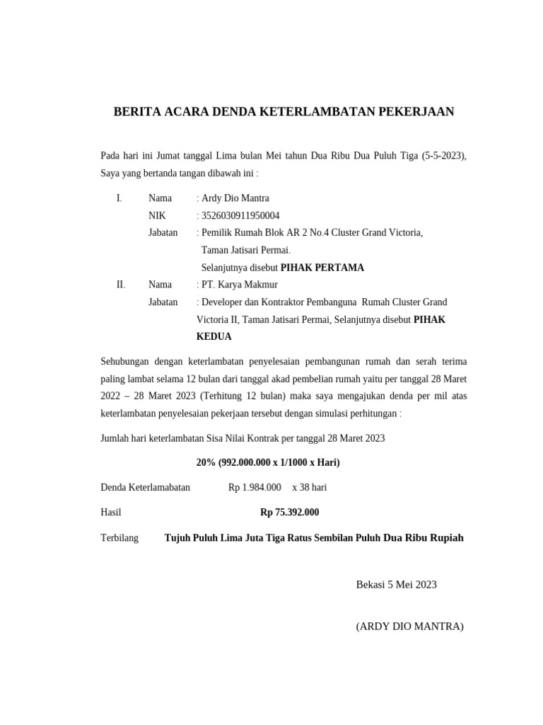 Berita Acara Denda Keterlambatan Pekerjaan | PDF