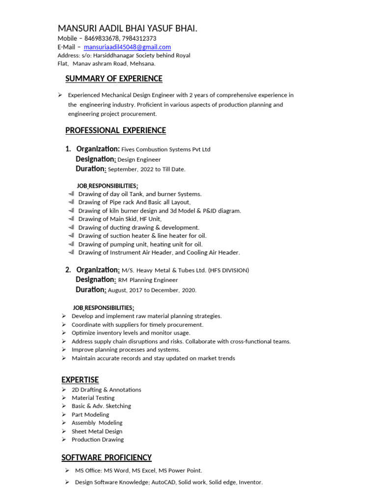 CV of Mansuri Aadil | PDF CV of Mansuri Aadil | PDF