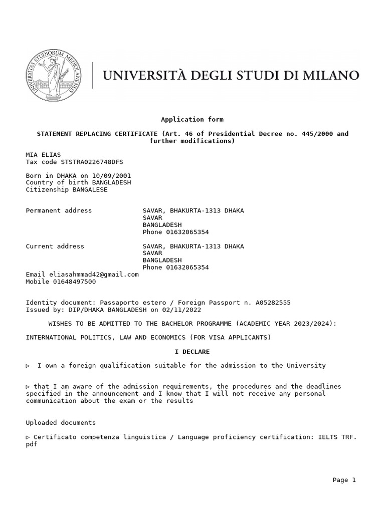 Application Form-UniMI | PDF