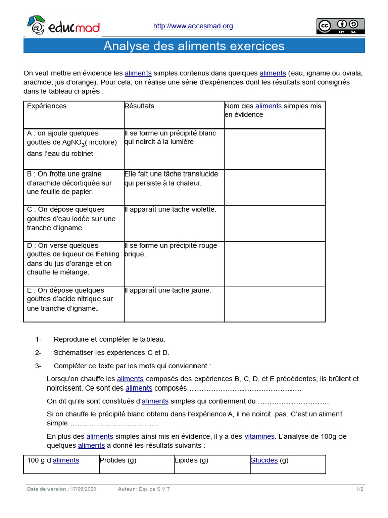 Analyse Des Aliments Exercice | PDF