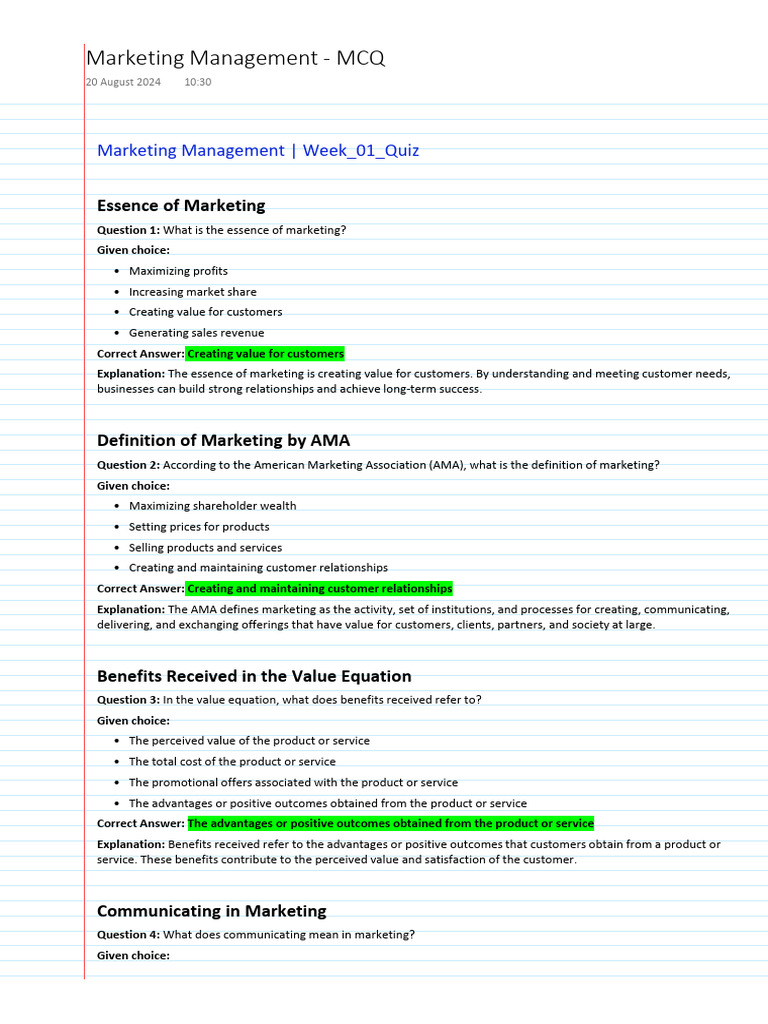 Marketing Management - MCQ | PDF