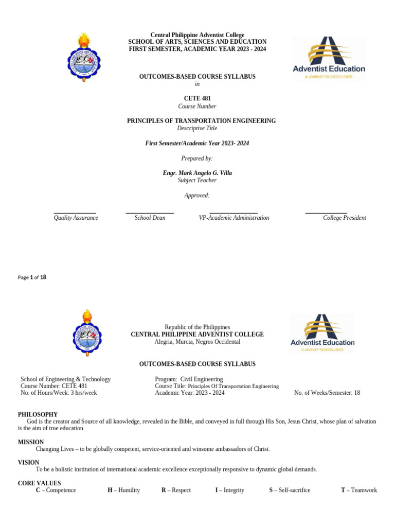Syllabus CETE 481 PRINCIPLES OF TRANSPORTATION ENGINEERING | PDF