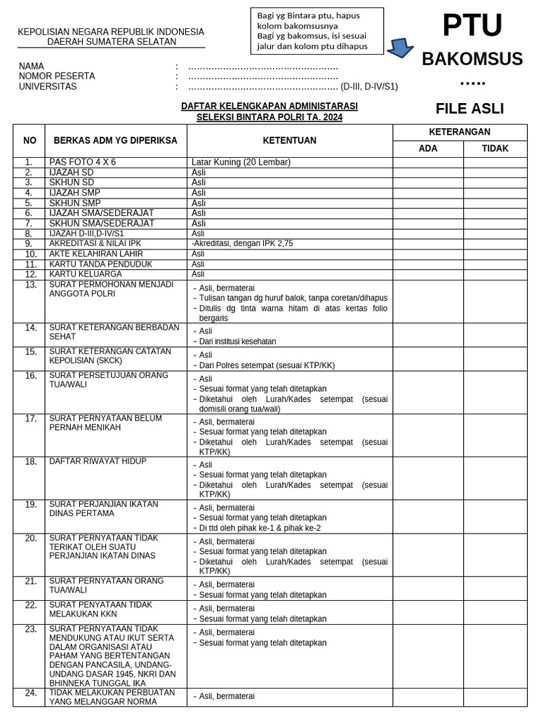 Ceklis Persyaratan Bintara Gel 2 Ta 2024 | PDF