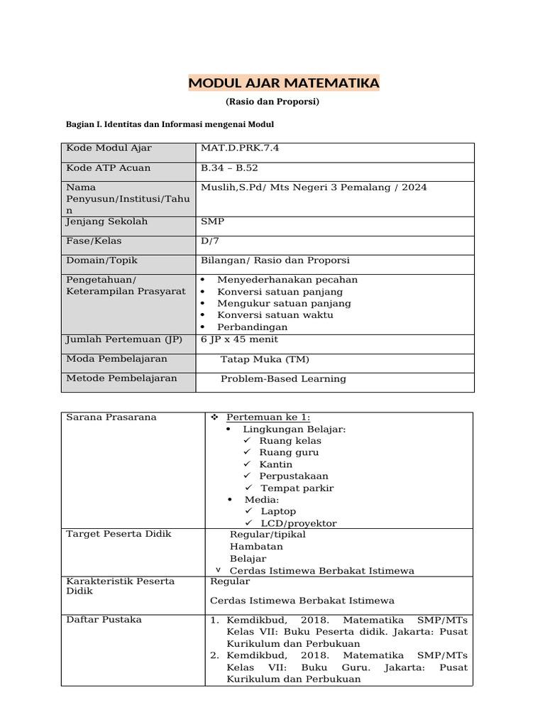 Modul Ajar Matematika: (Rasio Dan Proporsi) | PDF
