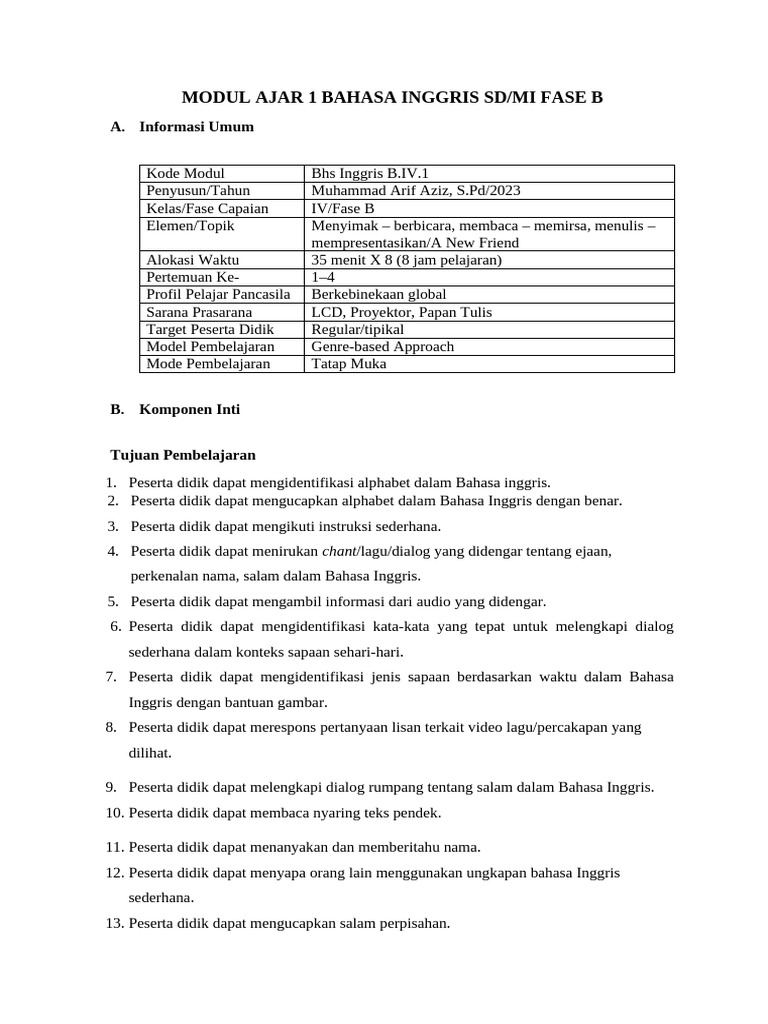 Contoh MODUL AJAR 1 (BING KLS 4) | PDF