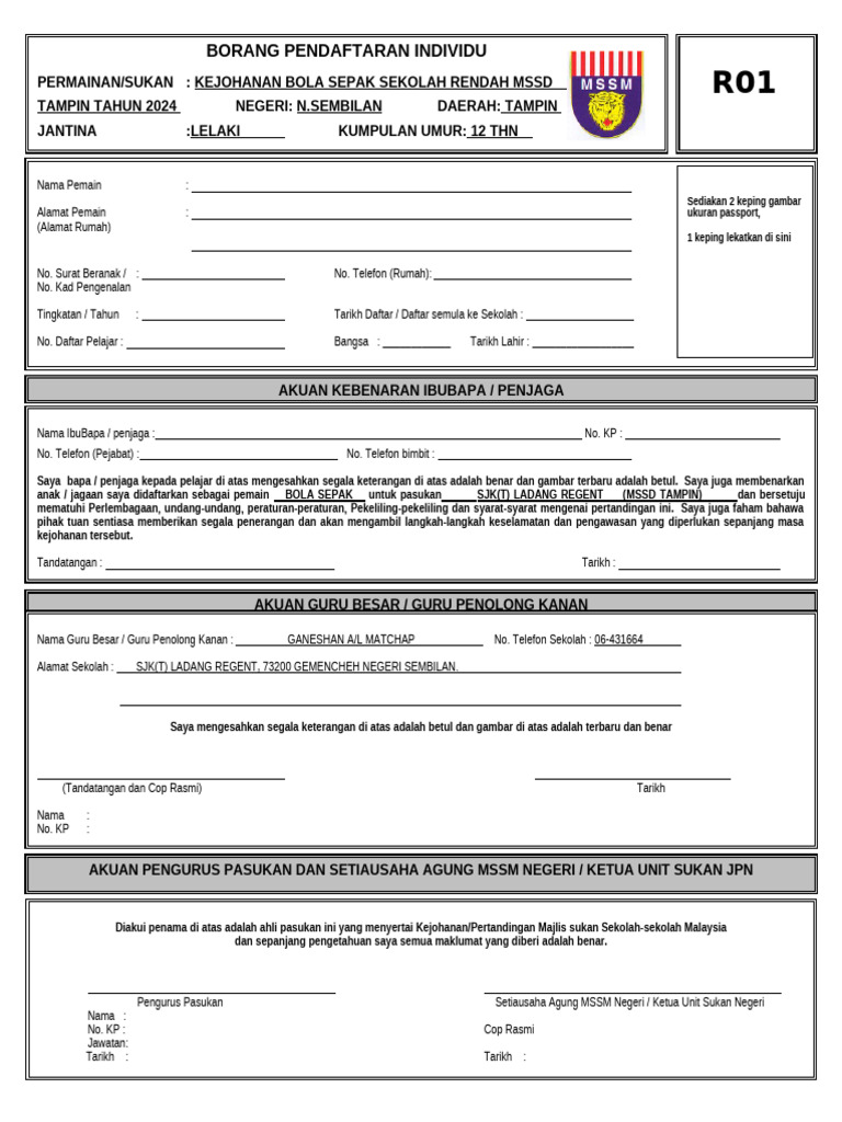 Borang R01 MSSD Tampin - 2024 | PDF