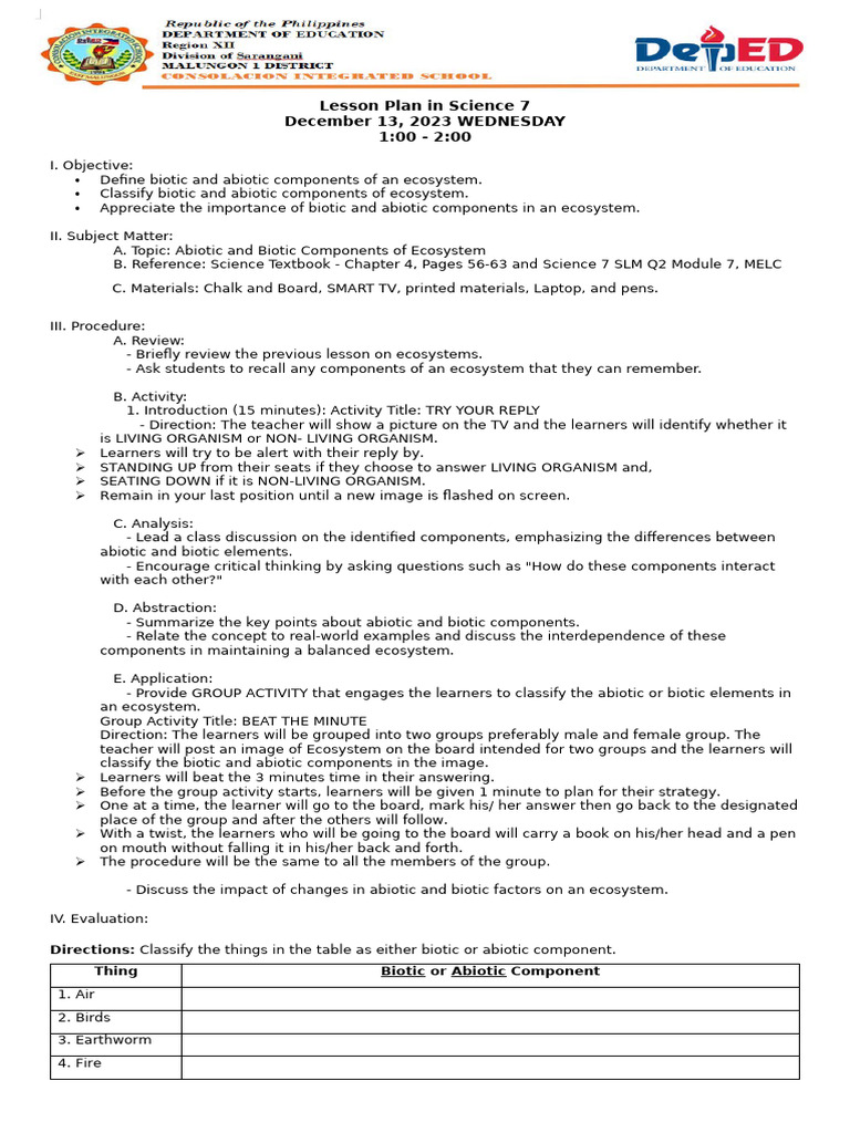 Biotic and Abiotic Components Lesson Plan | PDF | Ecosystem | Career ...