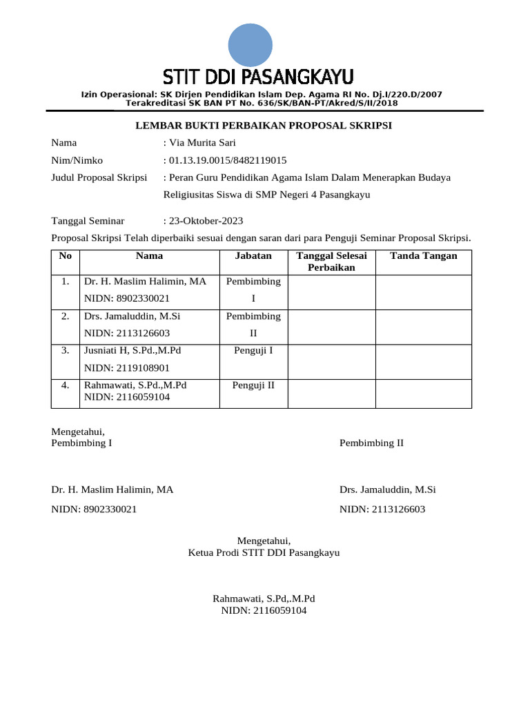 Lembar Perbaikan Proposal Skripsi | PDF