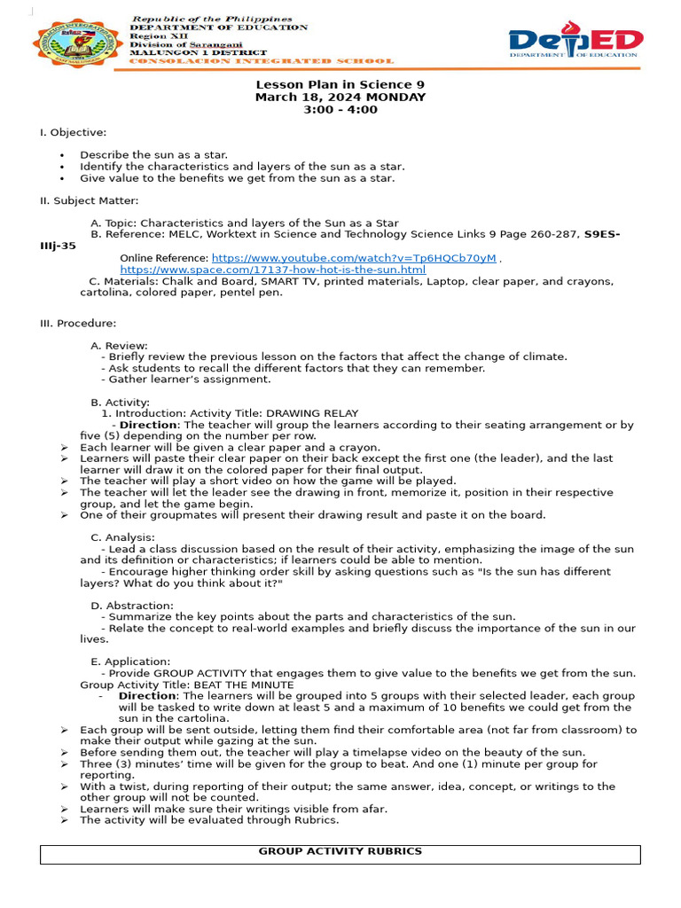 Lesson Plan for Science 9 | PDF