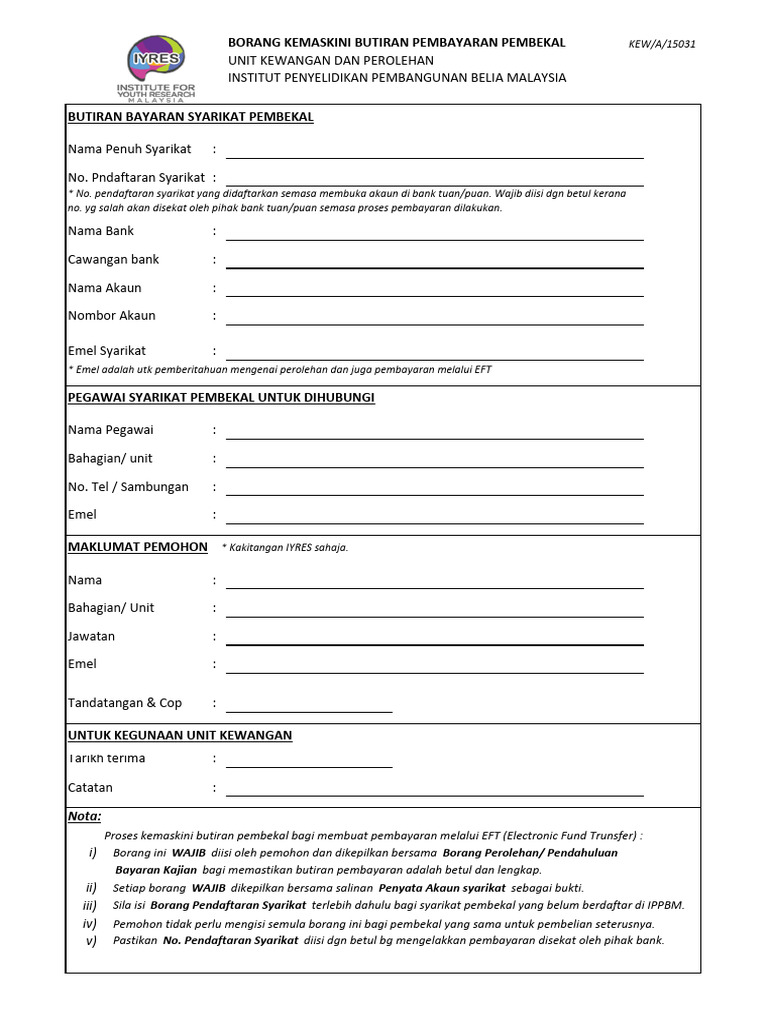 Borang Kemaskini Pembekal | PDF