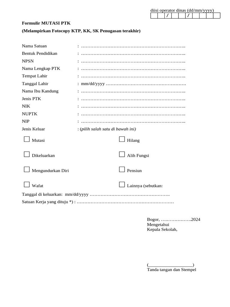 Formulir Mutasi PTK | PDF