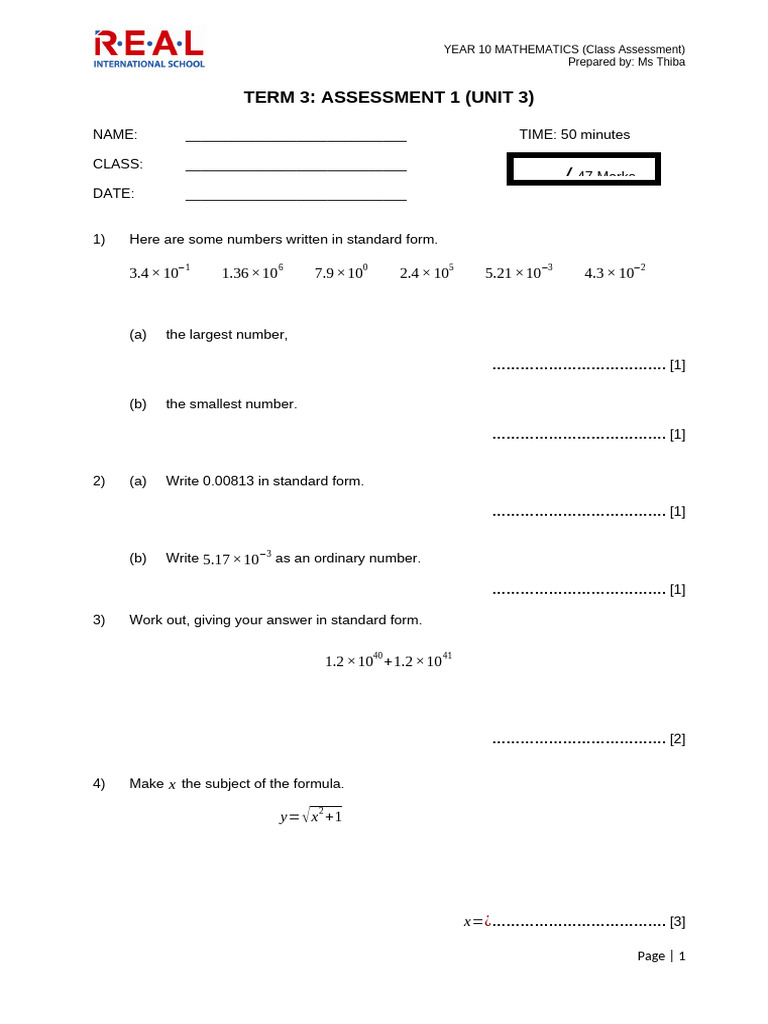 Class Assessment Year 10 Unit 3 QP | PDF