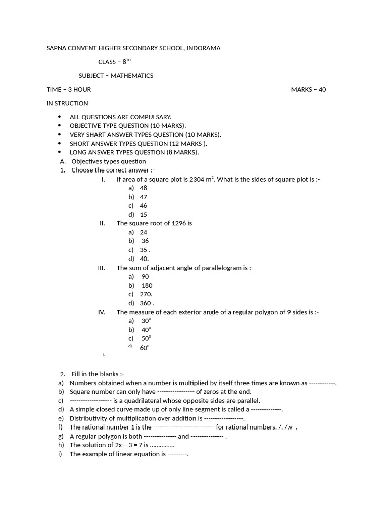 Class - 8TH .Sapna Convent Higher Secondary School | PDF