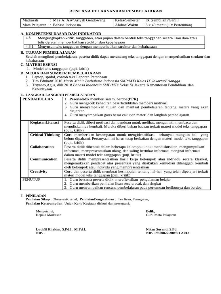 RPP 19 Menyusun Teks Tanggapan | PDF | Karier & Perkembangan | Seni & Disiplin Bahasa